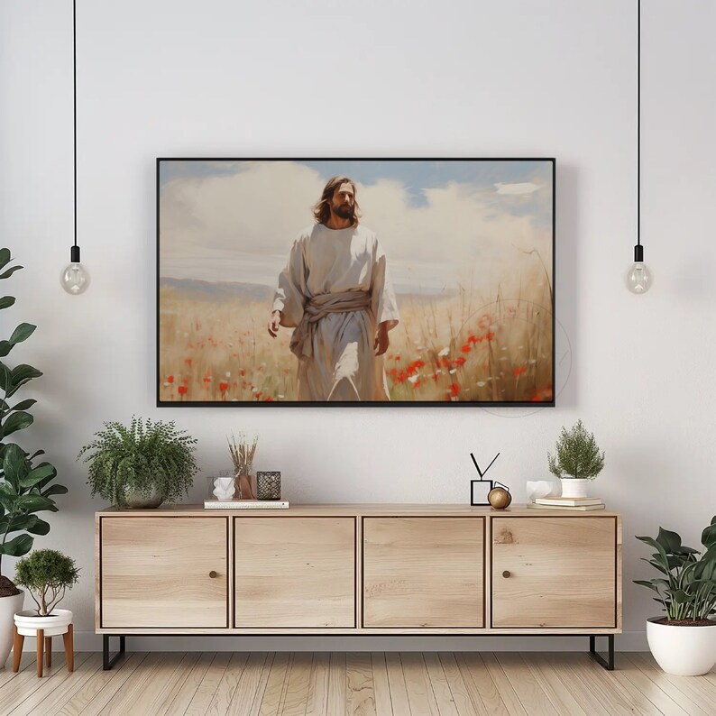 Frame TV Jesus Christ Come Follow Me Peaceful Wildflowers Painting ...
