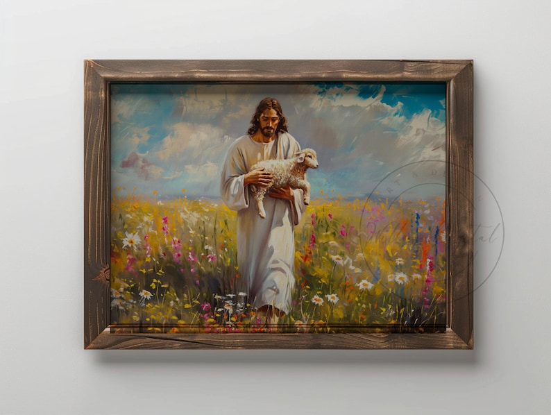 Jesus Christ Lost Sheep Oil Painting Christian Artwork Bible Scriptures Savior Come Follow Me He ...