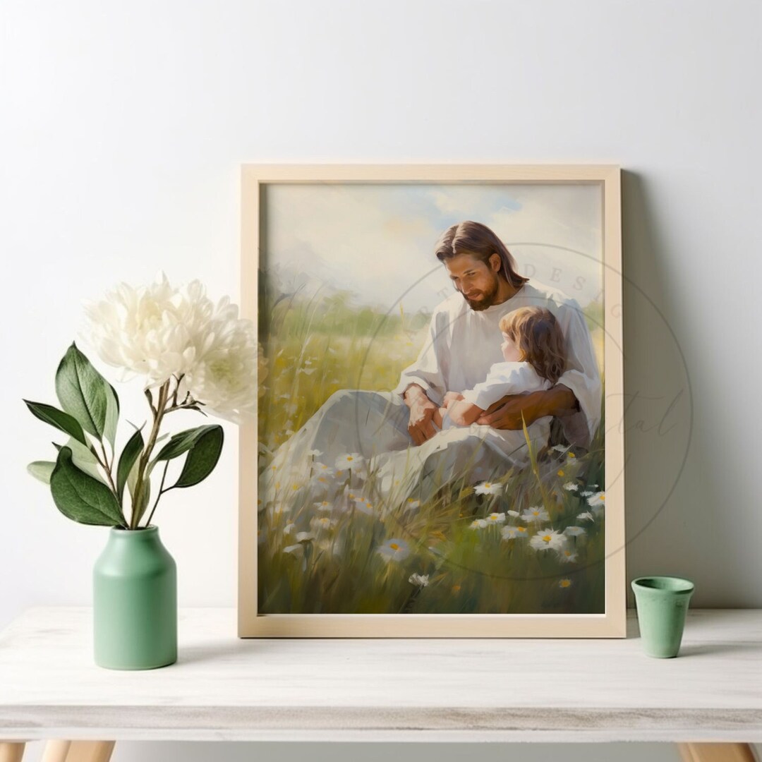 Jesus Christ Holding Child Come Follow Me He is Risen Oil Painting Christian Artwork Bible ...