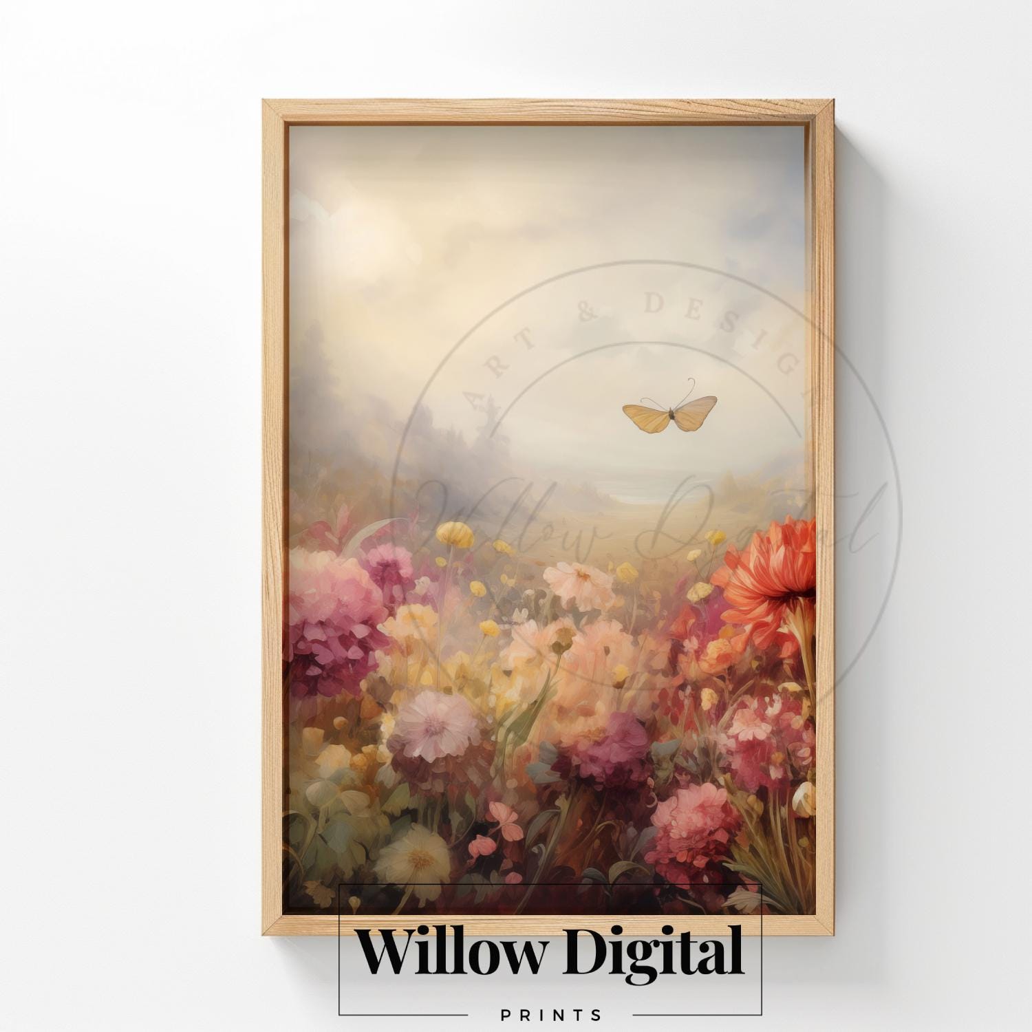 Colorful Wildflowers Landscape Butterfly Oil Painting Vintage Neutral ...