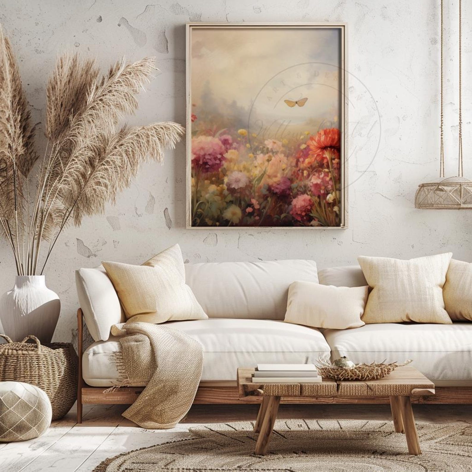 Colorful Wildflowers Landscape Butterfly Oil Painting Vintage Neutral ...
