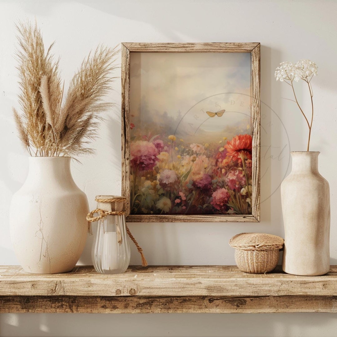 Colorful Wildflowers Landscape Butterfly Oil Painting Vintage Neutral ...