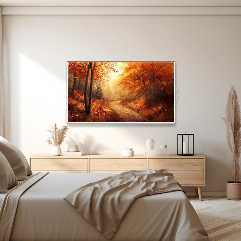 Serene Autumn Forest Path Art for Samsung Frame TV, Golden Fall Trees ...
