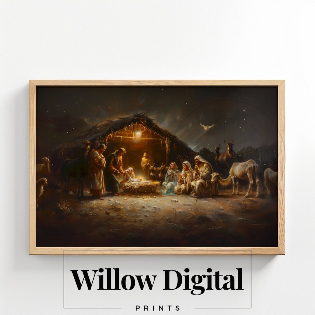 Christmas Nativity Scene Baby Jesus Oil Painting Vintage Neutral ...