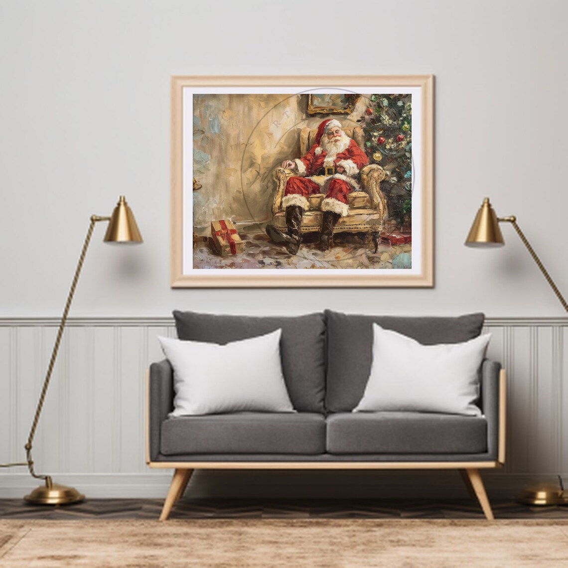 Christmas Santa Claus Sitting in a Chair Oil Painting Vintage Neutral ...