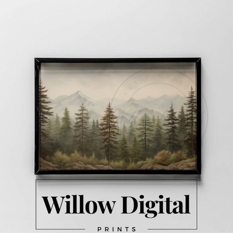 Printable Mountain Landscape Oil Painting Vintage Neutral Forest ...
