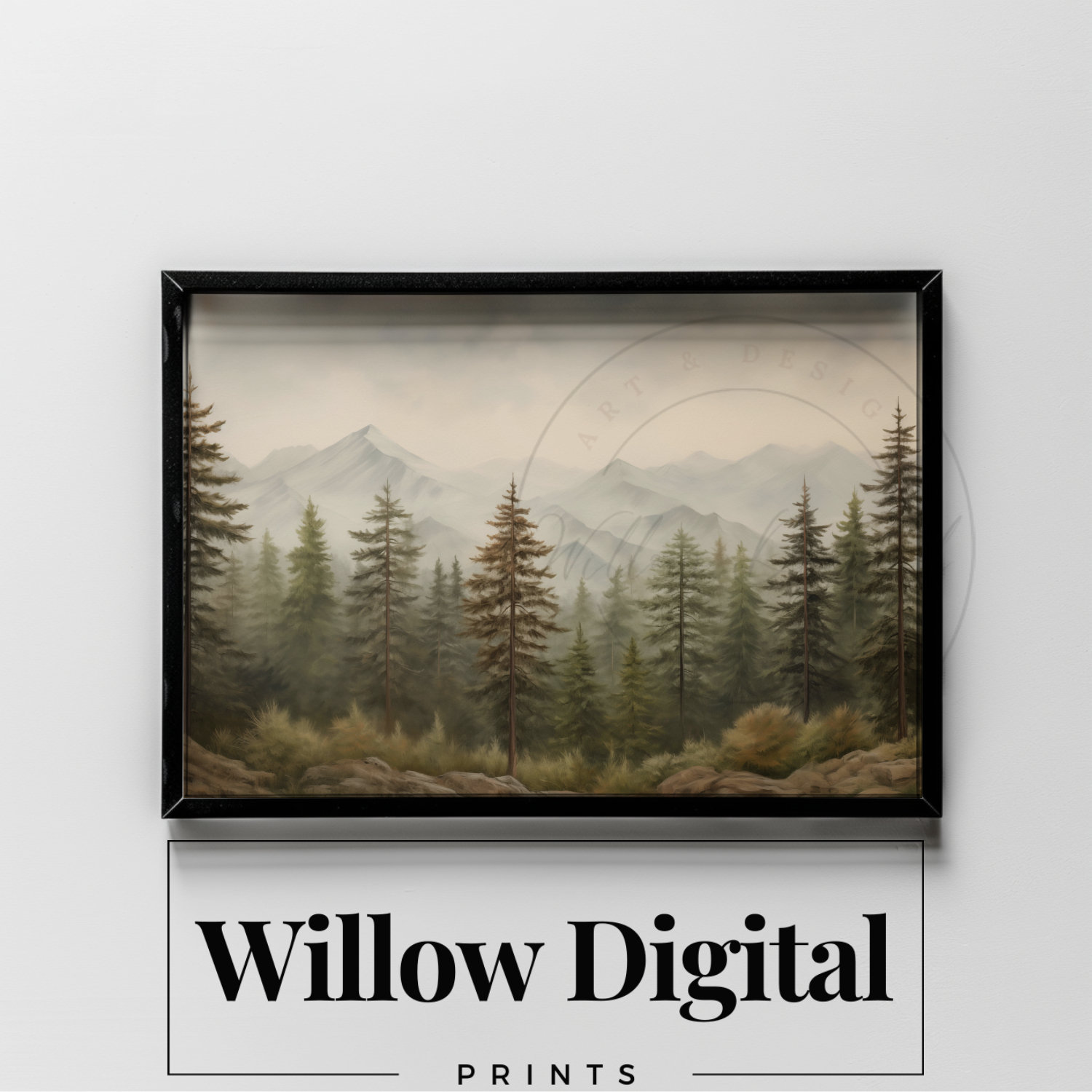 Printable Mountain Landscape Oil Painting Vintage Neutral Forest ...