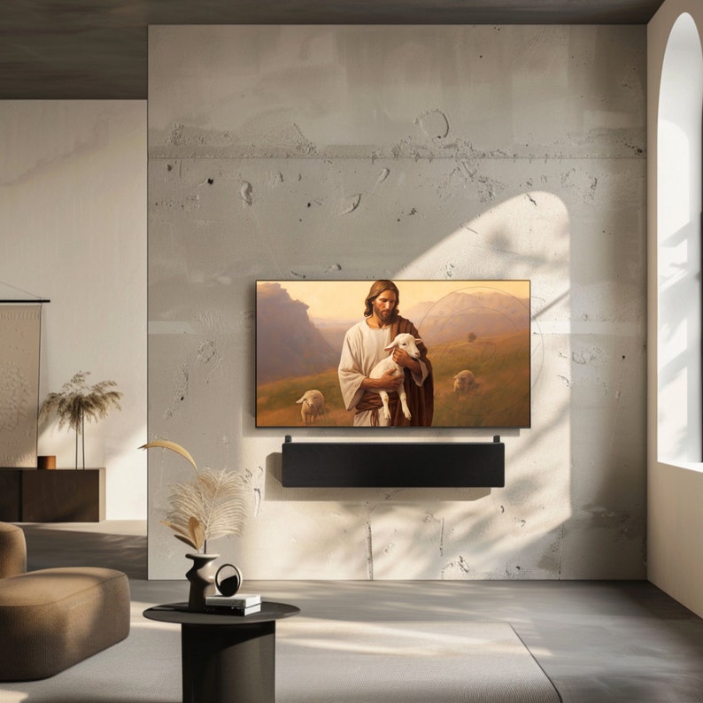 Frame TV Jesus Christ Holding a Lamb Lost Sheep Oil Painting Christian ...