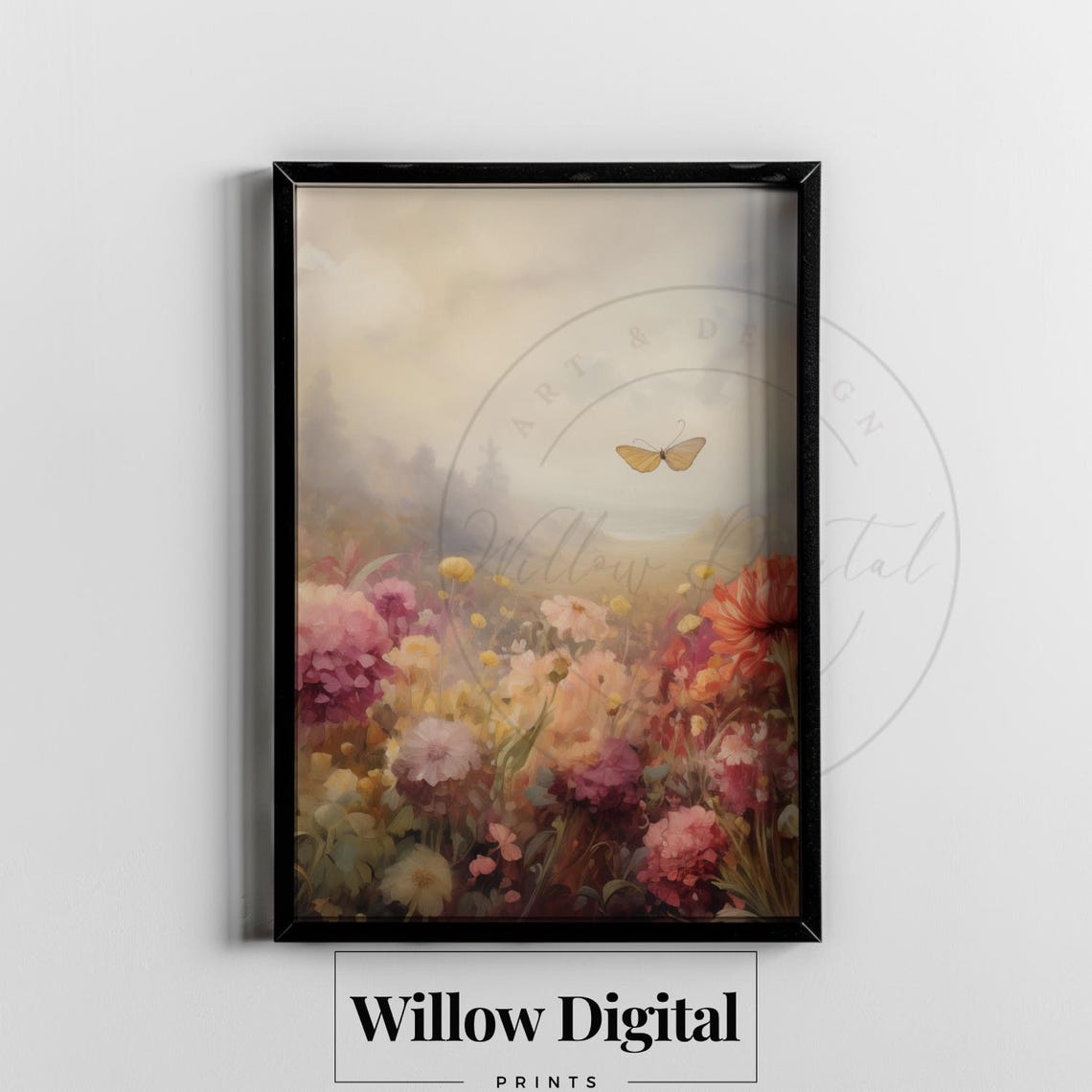 Colorful Wildflowers Landscape Butterfly Oil Painting Vintage Neutral ...