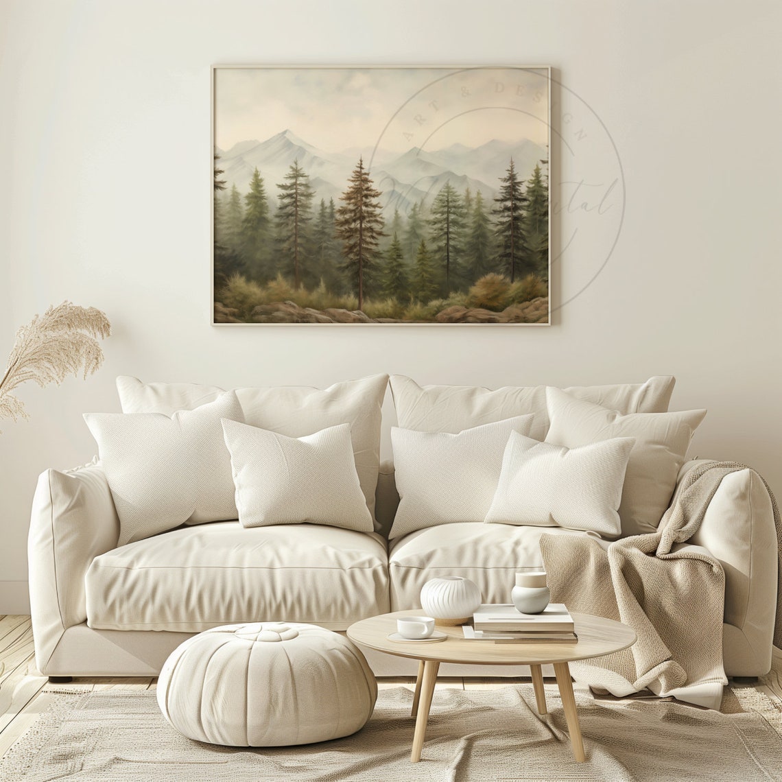 Printable Mountain Landscape Oil Painting Vintage Neutral Forest ...