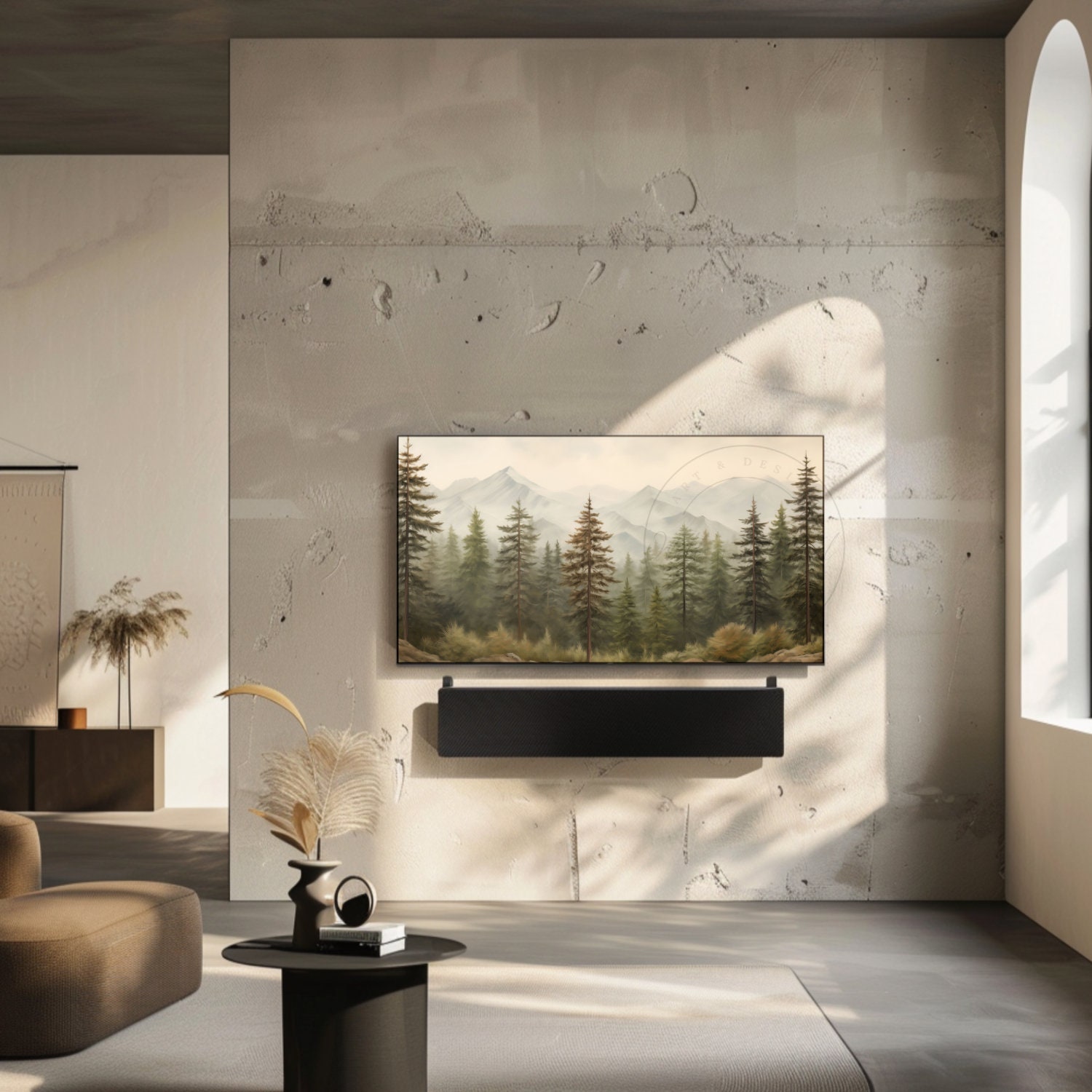 Printable Mountain Landscape Oil Painting Vintage Neutral Forest ...