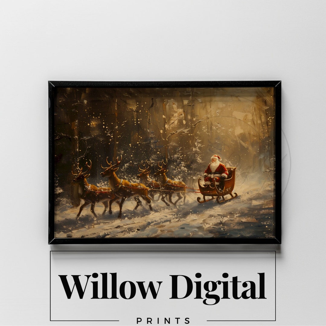 Christmas Santa Claus Reindeer Forest Path Oil Painting Vintage Neutral ...