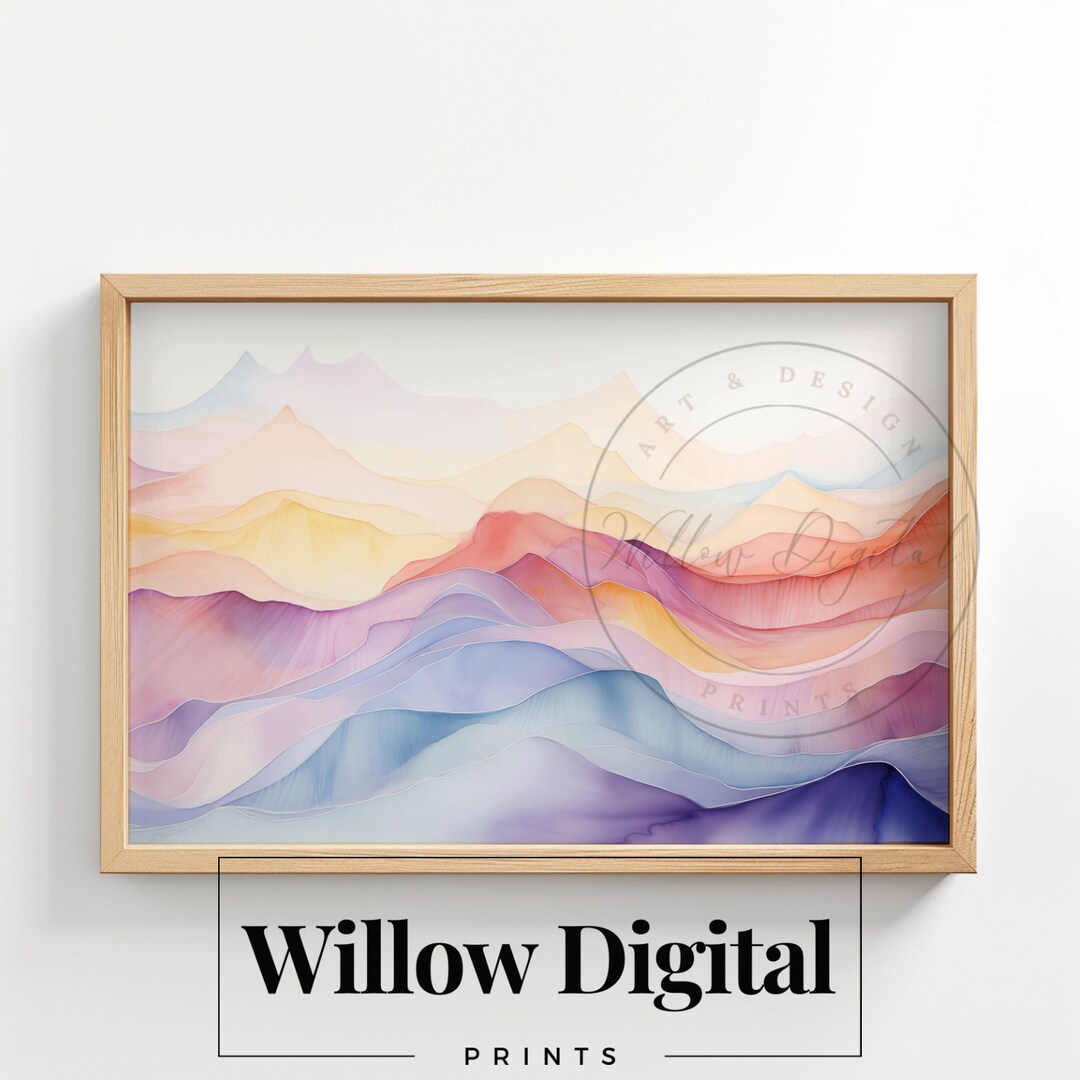 Printable Watercolor Ribbon Landscape Abstract Painting Mountain Scene ...