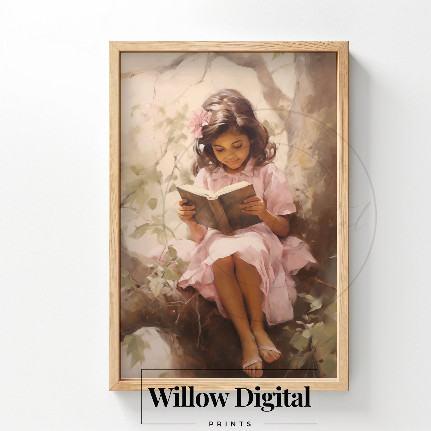 Girl Reading in a Tree Printable Painting Vintage Neutral Forest ...