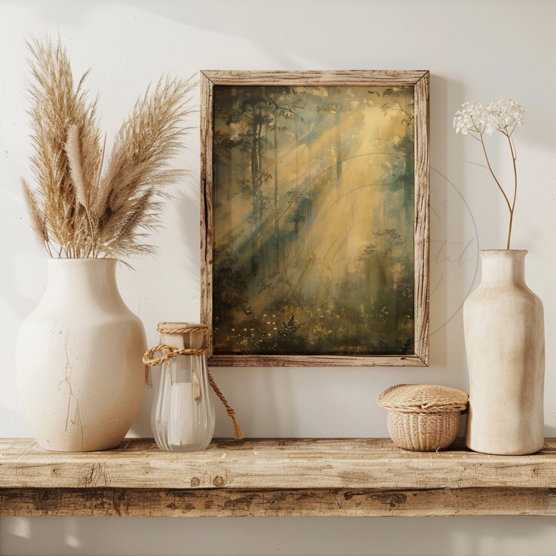 Spring Forest Tree Leaves Sun Rays Peeking Landscape Painting Vintage ...