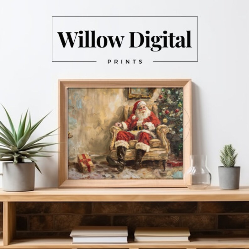 Christmas Santa Claus Sitting in a Chair Oil Painting Vintage Neutral ...