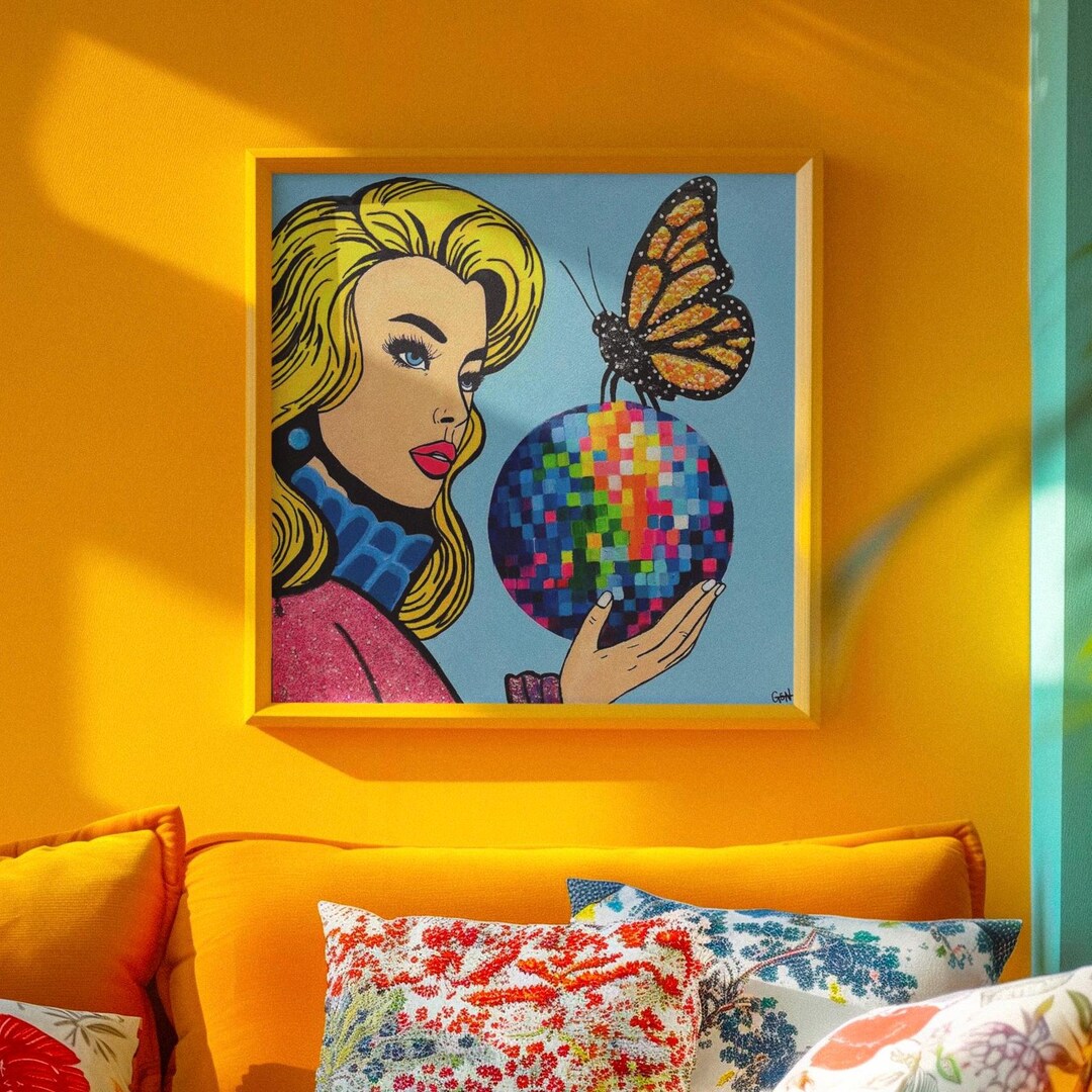 Disco Daydreams Pop Art Painting, Retro Woman & Butterfly, Hand-painted ...