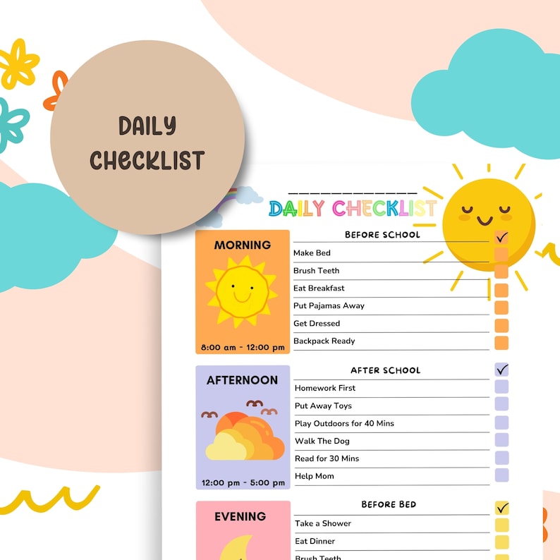 Kids Daily Checklist Encourage Responsibility & Organization, Fun and ...