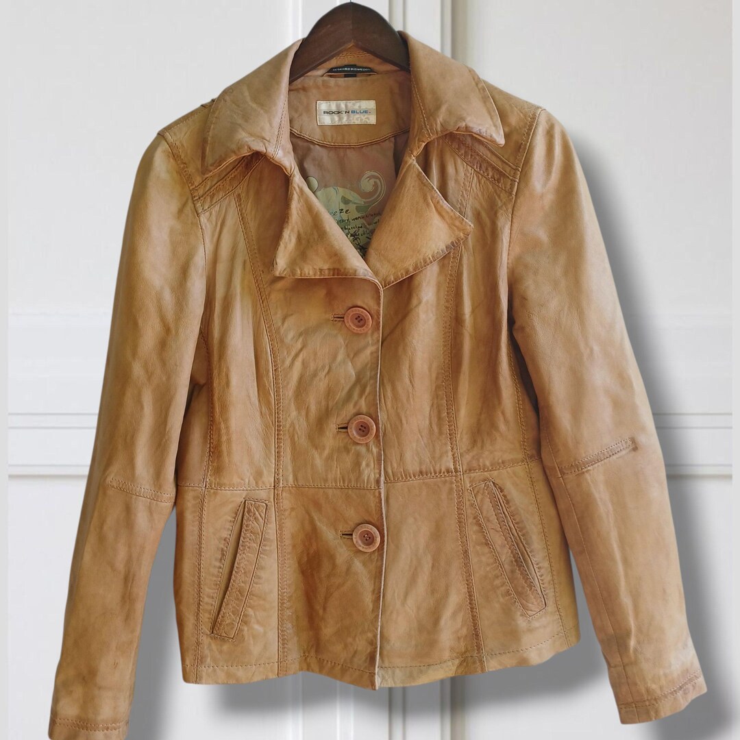 Vintage 1990s Leather Jacket Women EU 40 Tan Swedish Design Rockn Blue ...