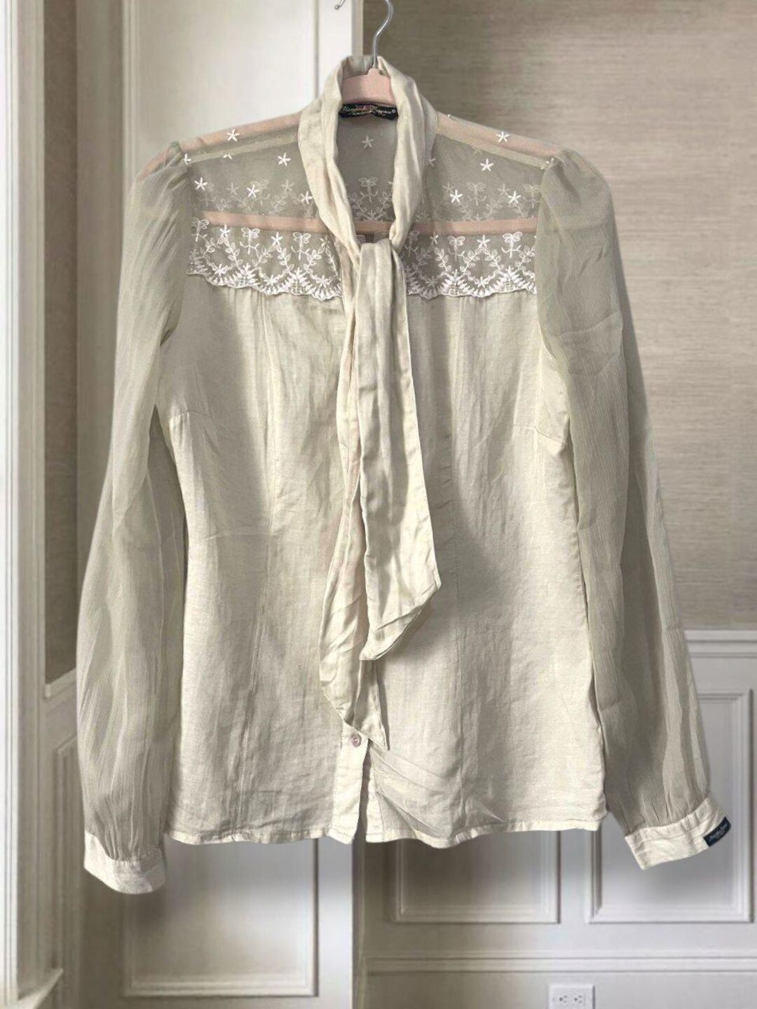 Vintage Celestial Beige Blouse – Sheer Embroidery With Star Floral ...