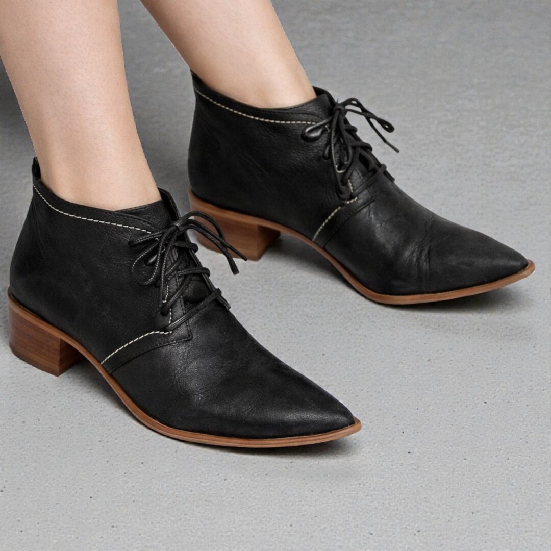 Dami M Black Leather Oxford Booties, Tassel Lace-up Ankle Boots ...