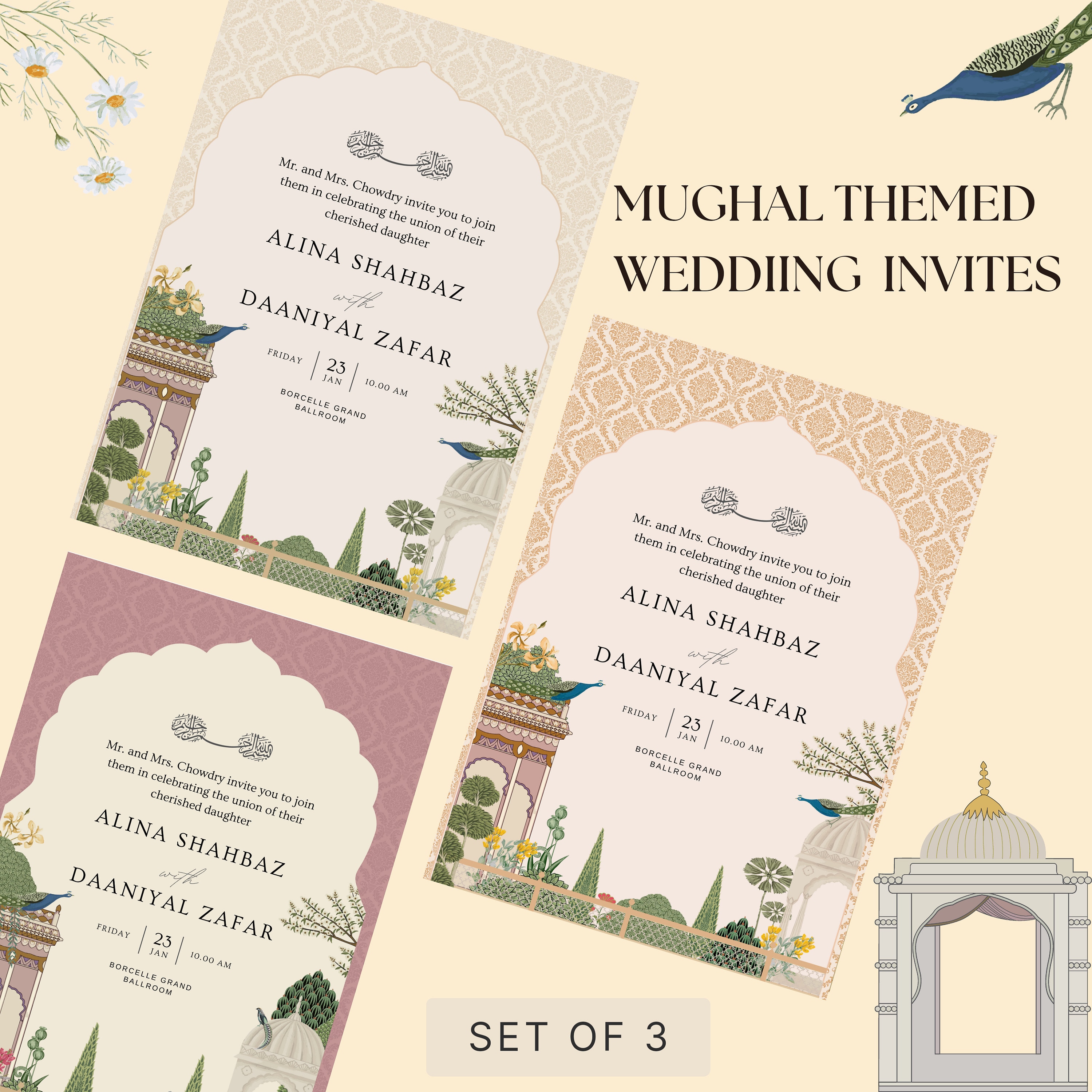 Mughal Wedding Invite, Traditional Indian Wedding Card Design, 3 Pastel ...