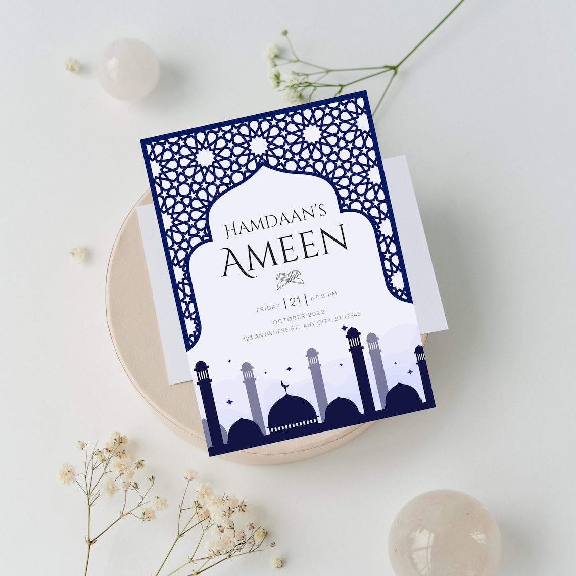 Ameen Party Invite, Blue and White Islamic Themed Invitation, Child ...