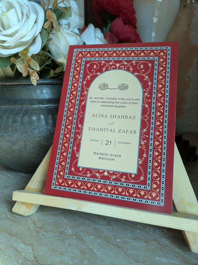 Elegant Mughal Floral Front Back Invitation, Luxurious Maroon Border ...