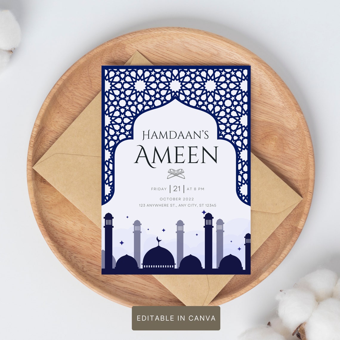 Ameen Party Invite, Blue and White Islamic Themed Invitation, Child ...