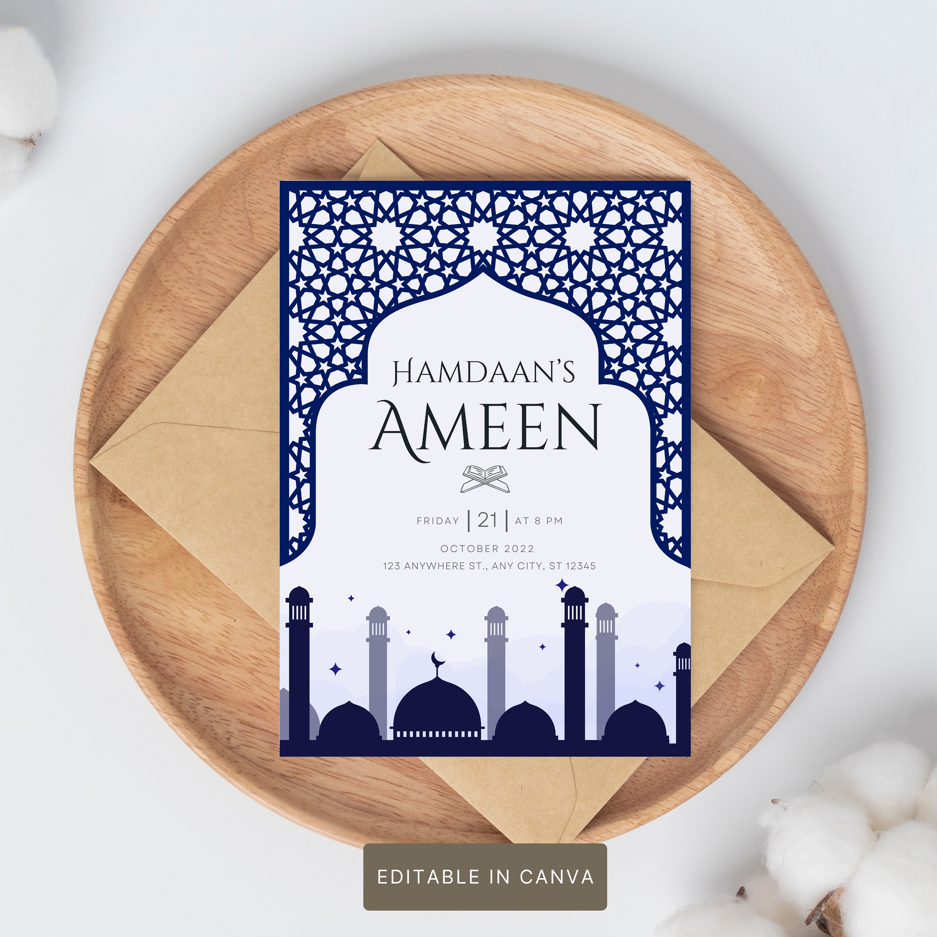 Ameen Party Invite, Blue and White Islamic Themed Hifz-e-quran ...
