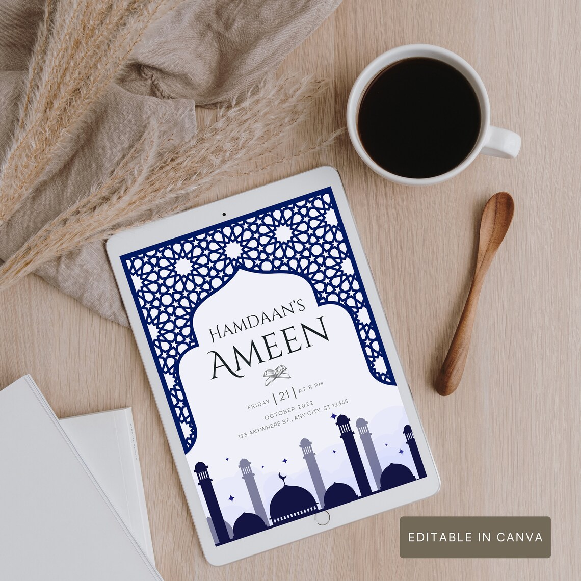 Ameen Party Invite, Blue and White Islamic Themed Hifz-e-quran ...