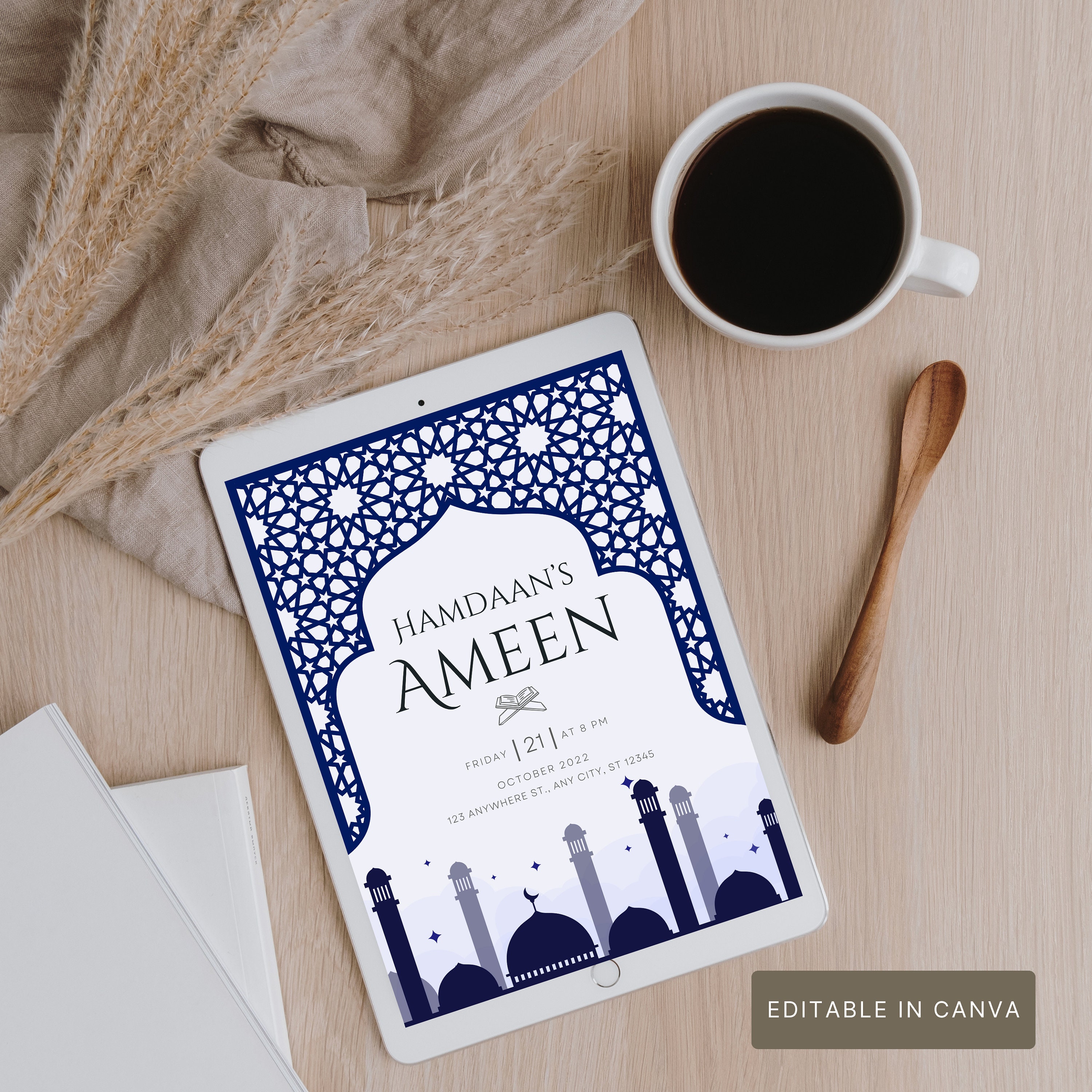 Ameen Party Invite, Blue and White Islamic Themed Invitation, Child ...