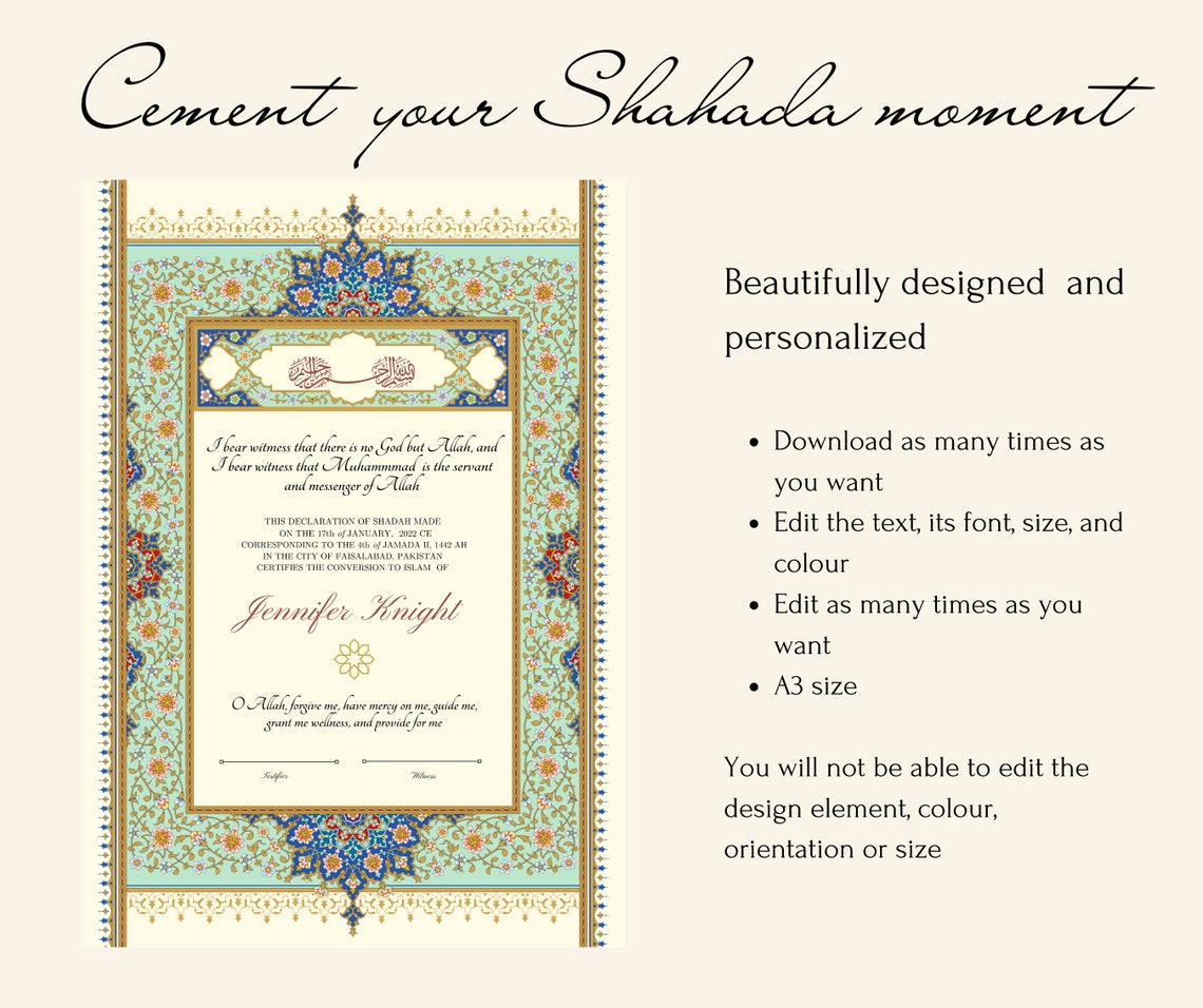 Muslim Revert Certificate, Islamic Shahada Ceremony, Sentimental ...