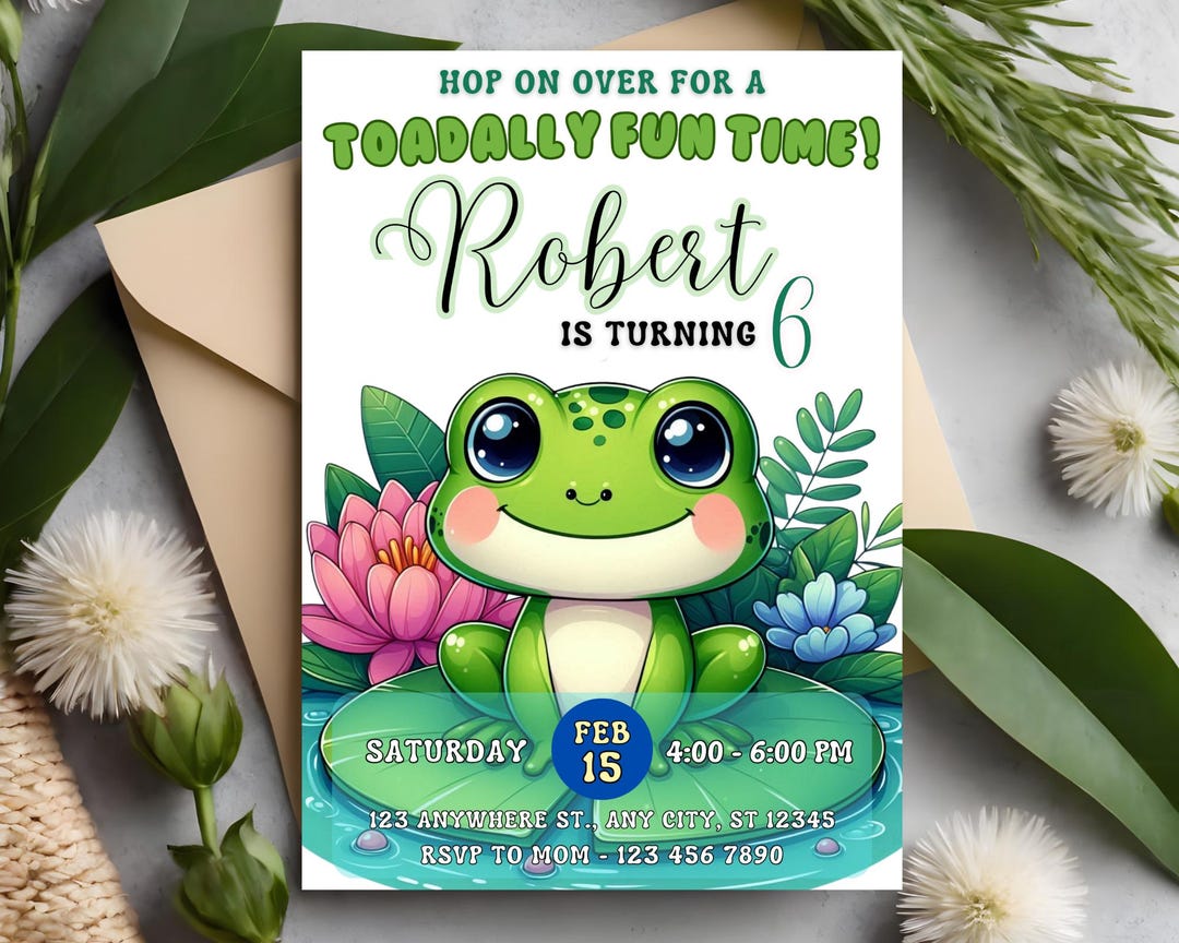 Editable Little Frog Birthday Invitation Template, Cute Green Amphibian ...