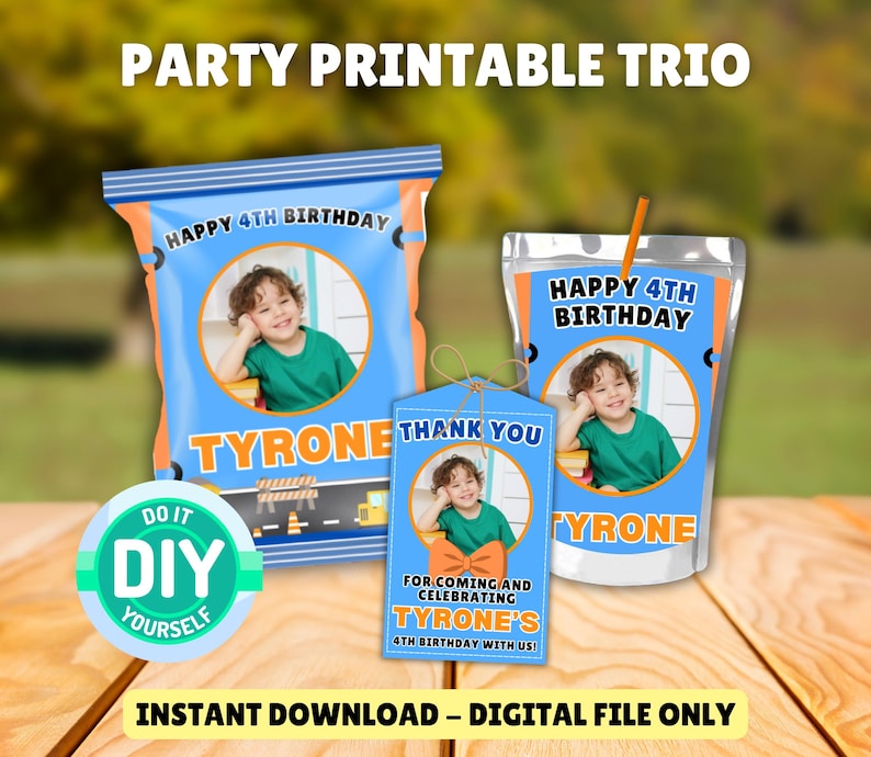Editable Construction Birthday TRIO Party Bundle With Picture Chip Bag ...