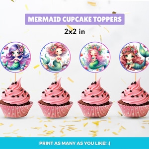 12 Printable Mermaid Cupcake Topper Whimsical Under the Sea Theme ...