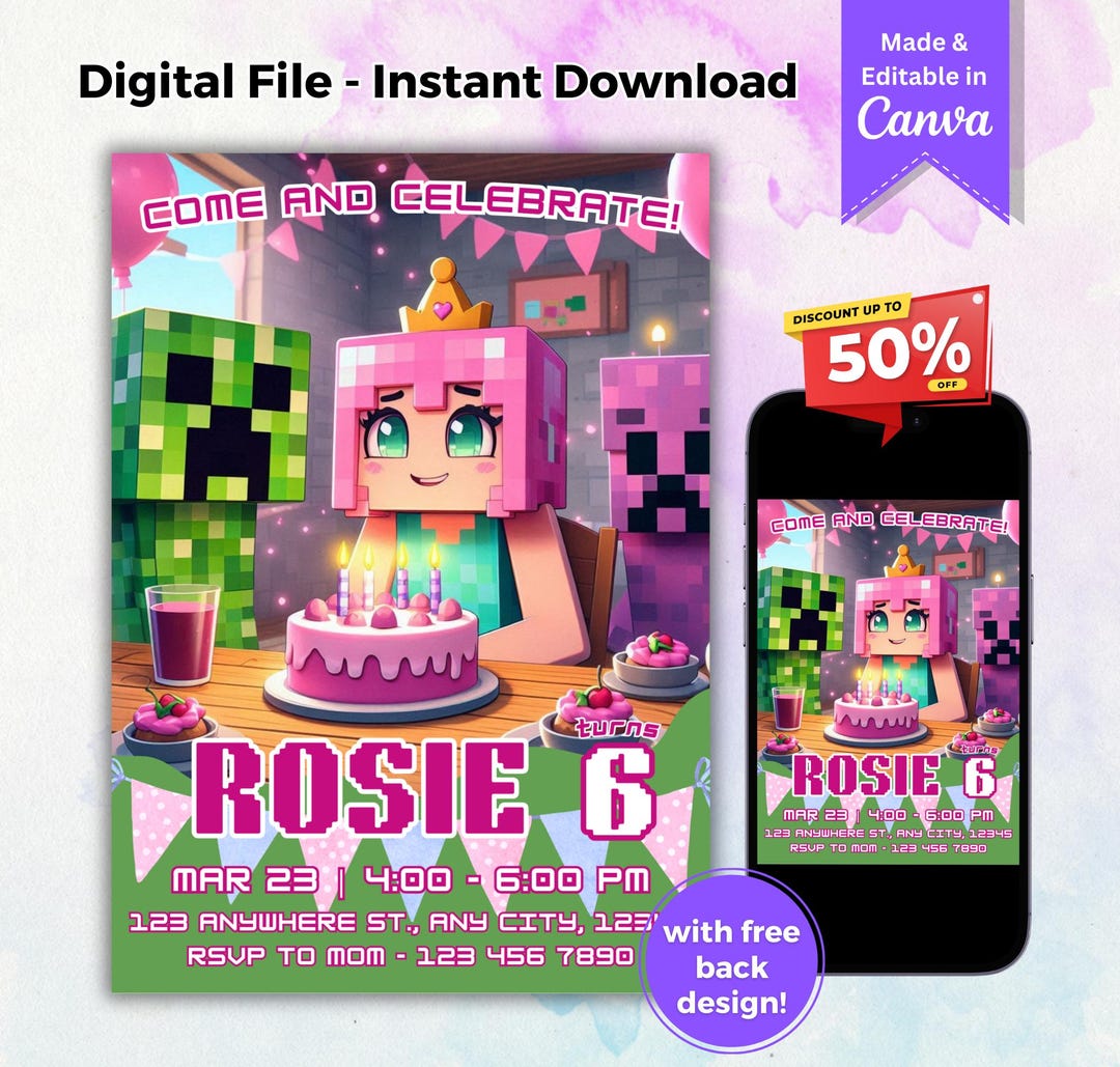 Minecrafter Girl Birthday Invitation Editable Template Minecraft ...