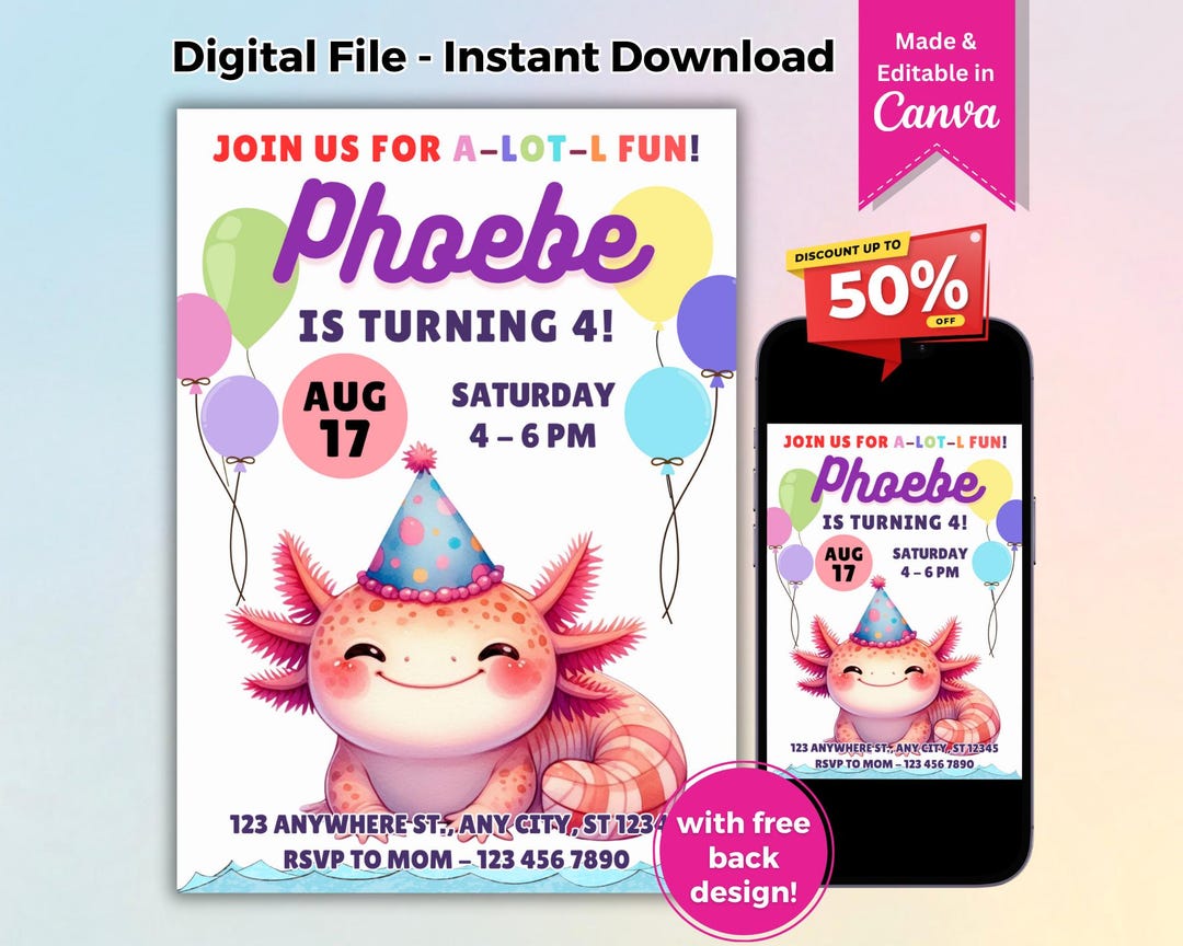 Axolotl Birthday Party Invitation Editable Canva Template Cute Baby ...