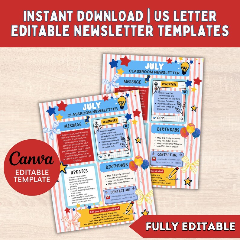 July Classroom Newsletter Editable Template, Monthly Teacher Bulletin ...