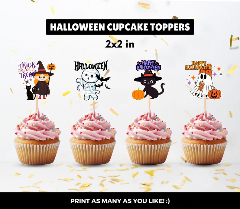 12 Halloween Cupcake Toppers Printable Spooky Ghost Witch Zombie Cat ...