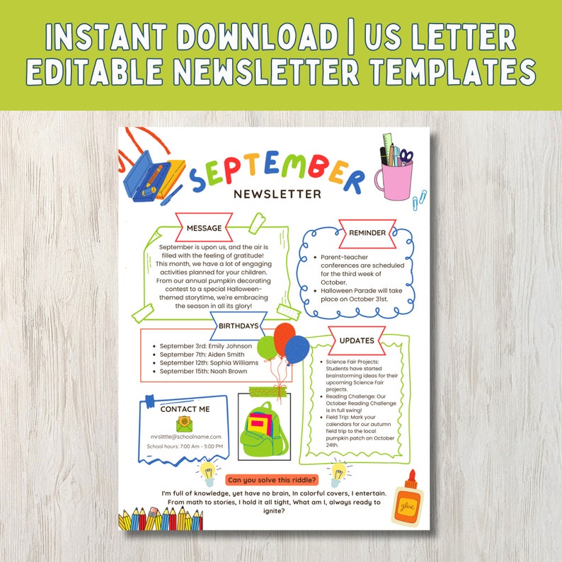September Classroom Newsletter Template Printable Monthly Teacher ...