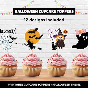 12 Halloween Cupcake Toppers Printable Spooky Ghost Witch Zombie Cat ...