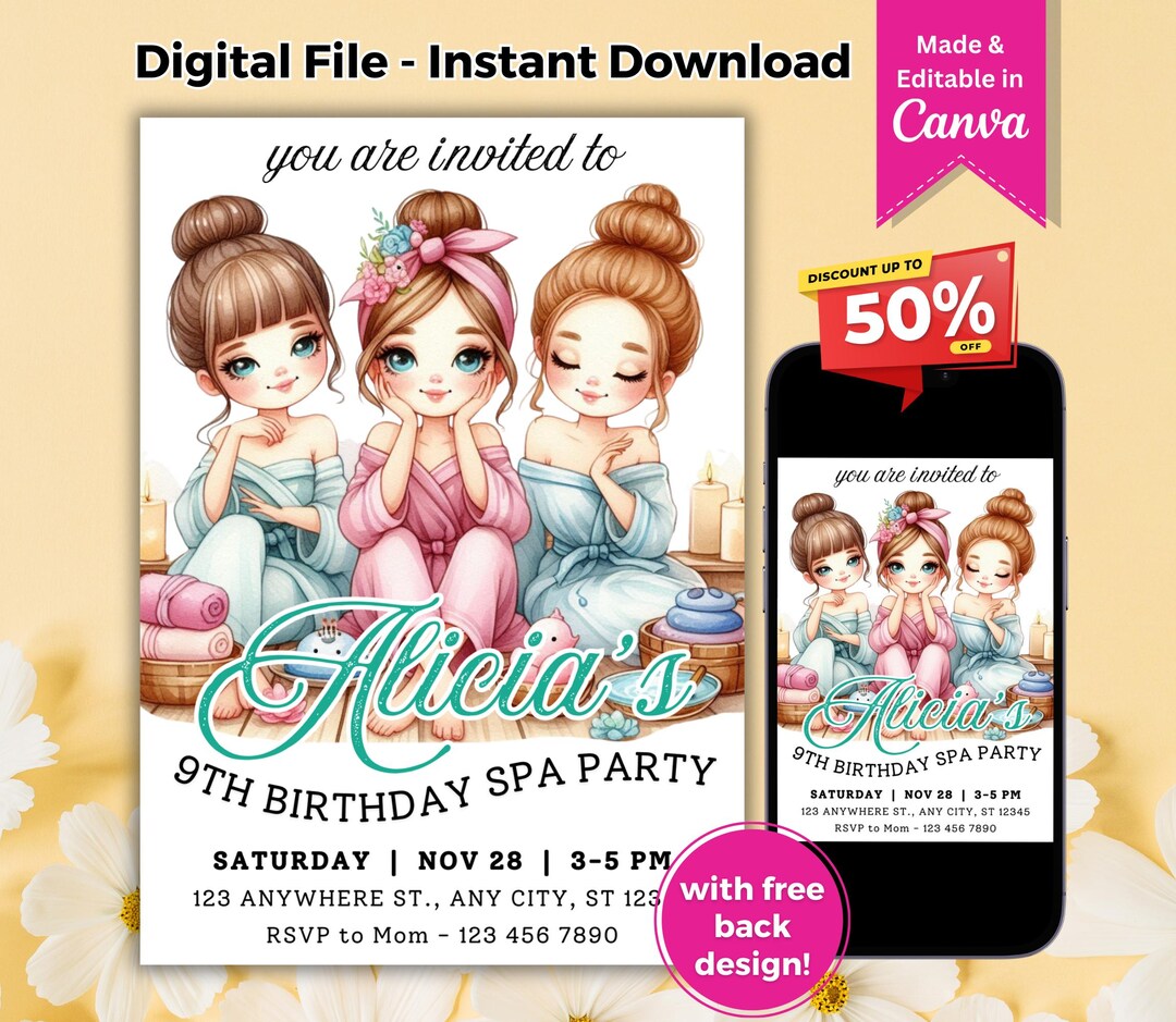 Editable Spa Party Birthday Invitation Template Printable Spa Birthday ...