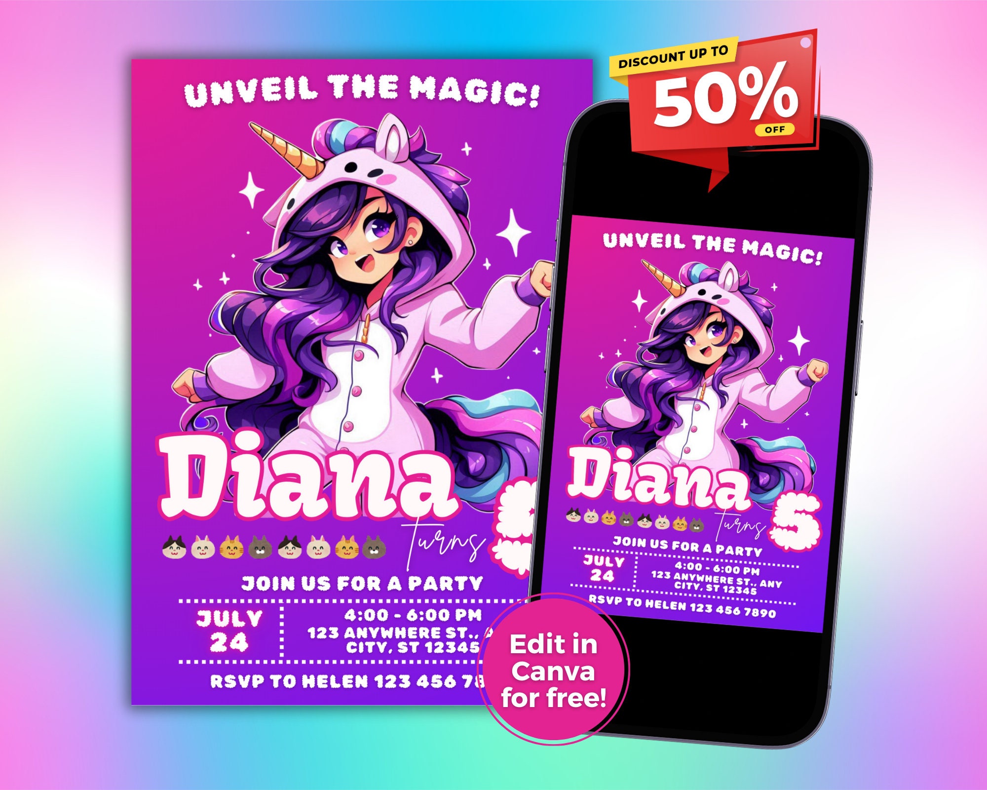 Aphmau Birthday Invitation Printable Unicorn Girl Birthday Invitation ...