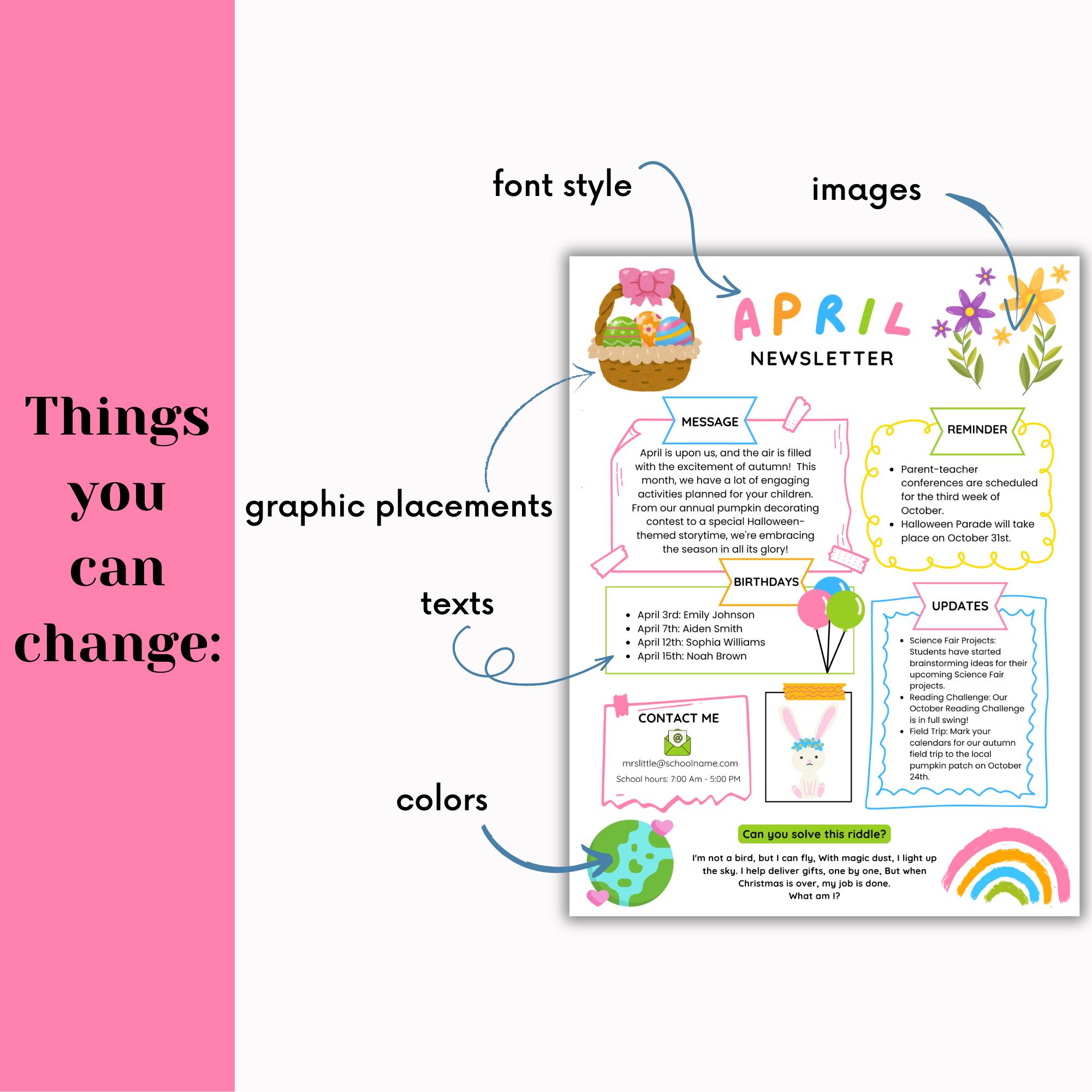 April Classroom Newsletter Teacher Editable Template, Printable Monthly ...