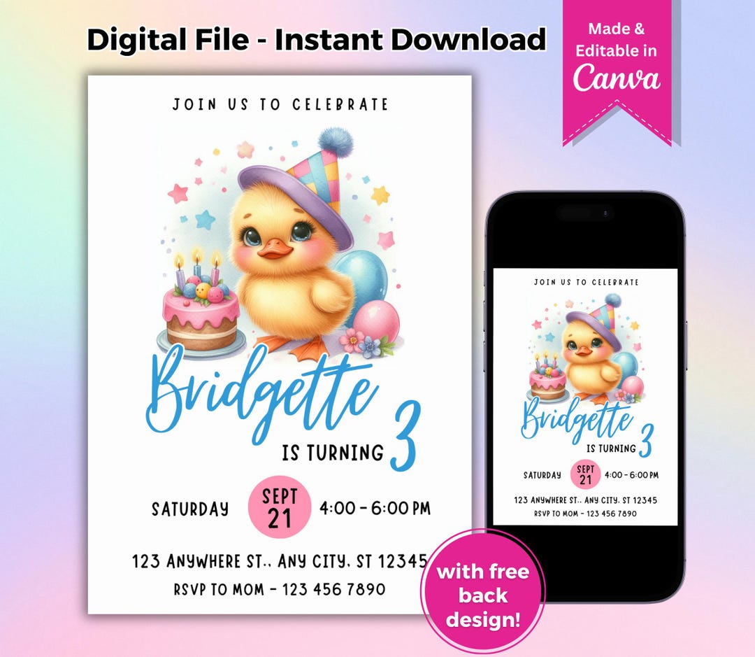 Editable Baby Duck Birthday Party Invitation Template Duckling Invite ...