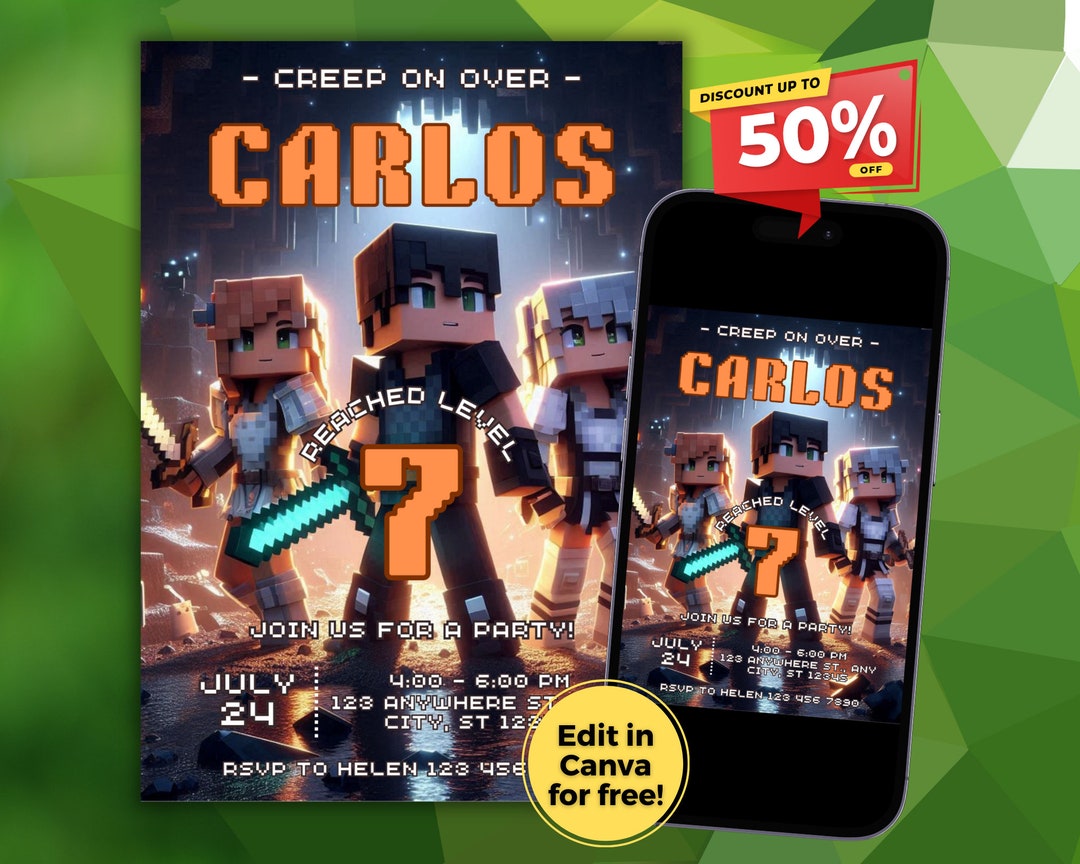 Boy Minecrafter Birthday Invitation Editable Template Minecraft Creeper ...