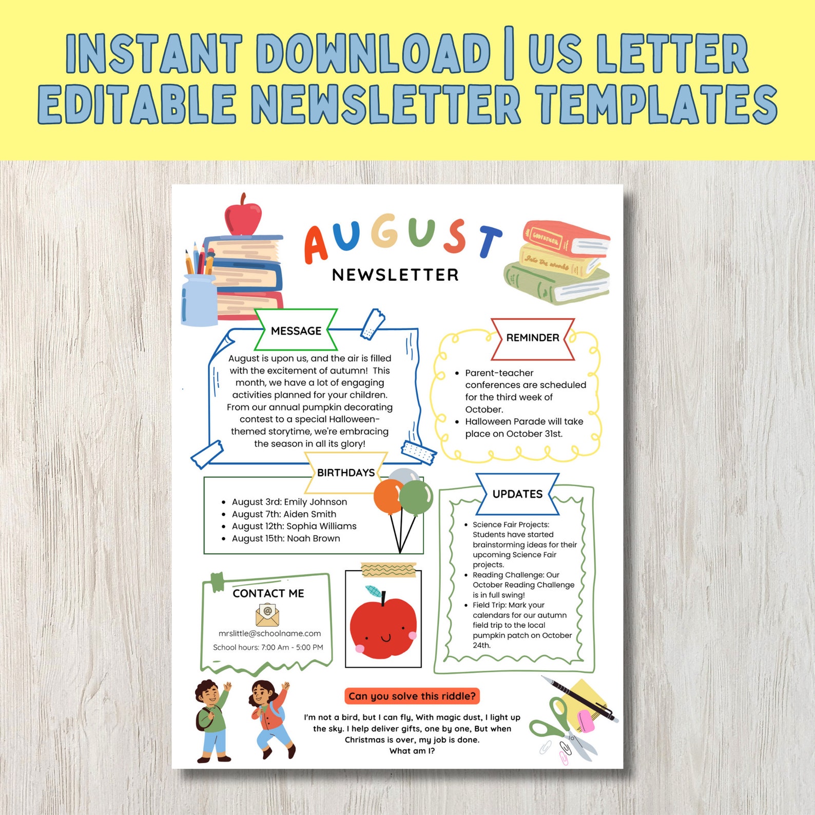 August Classroom Newsletter Template Printable Monthly Teacher Template ...