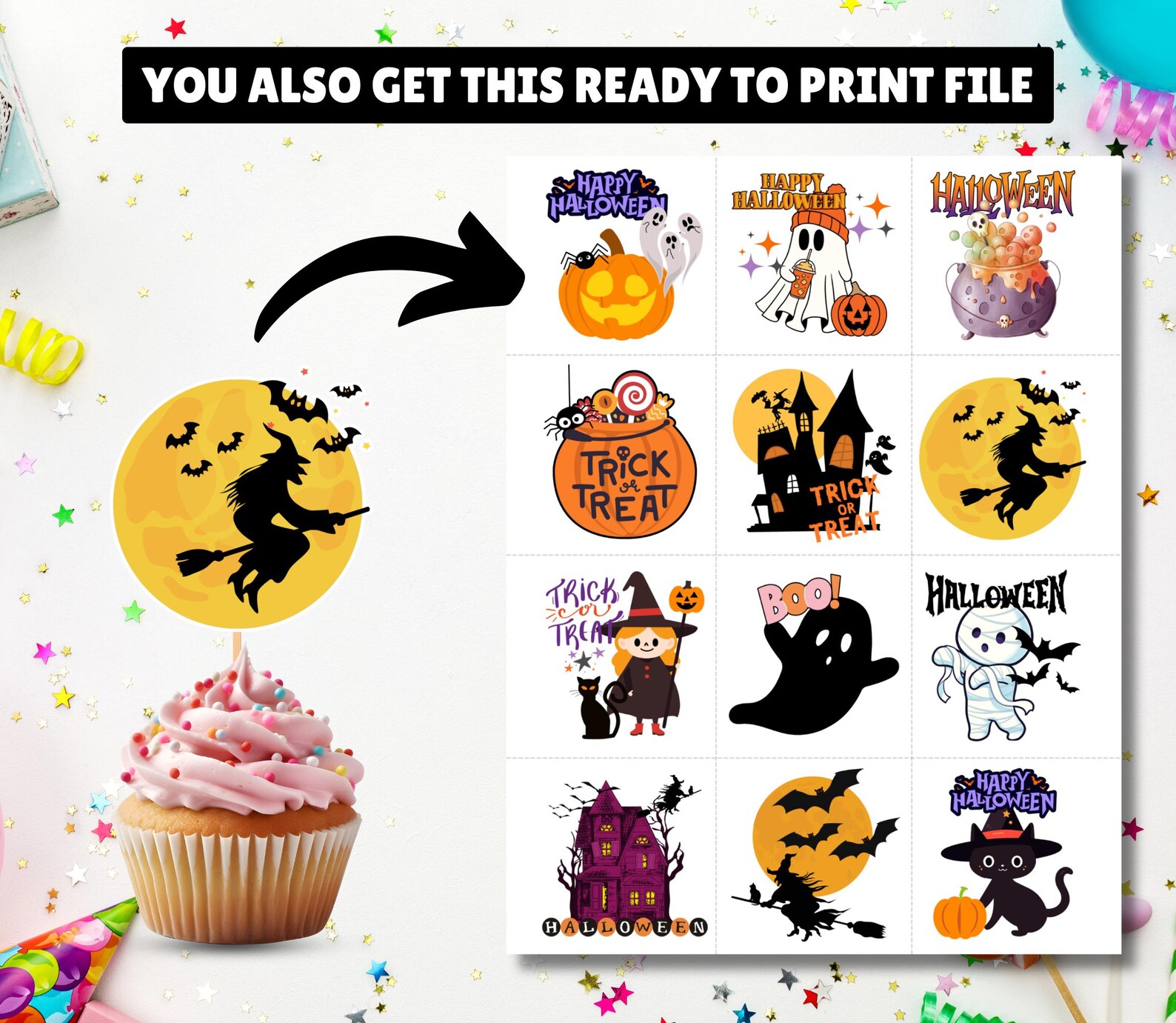 12 Halloween Cupcake Toppers Printable Spooky Ghost Witch Zombie Cat ...