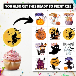 12 Halloween Cupcake Toppers Printable Spooky Ghost Witch Zombie Cat ...